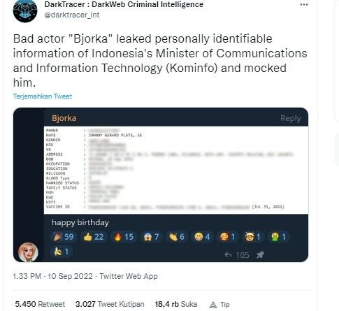Hacker Bjorka Ungkap Data Pribadi Menkominfo: Happy Birthday ...