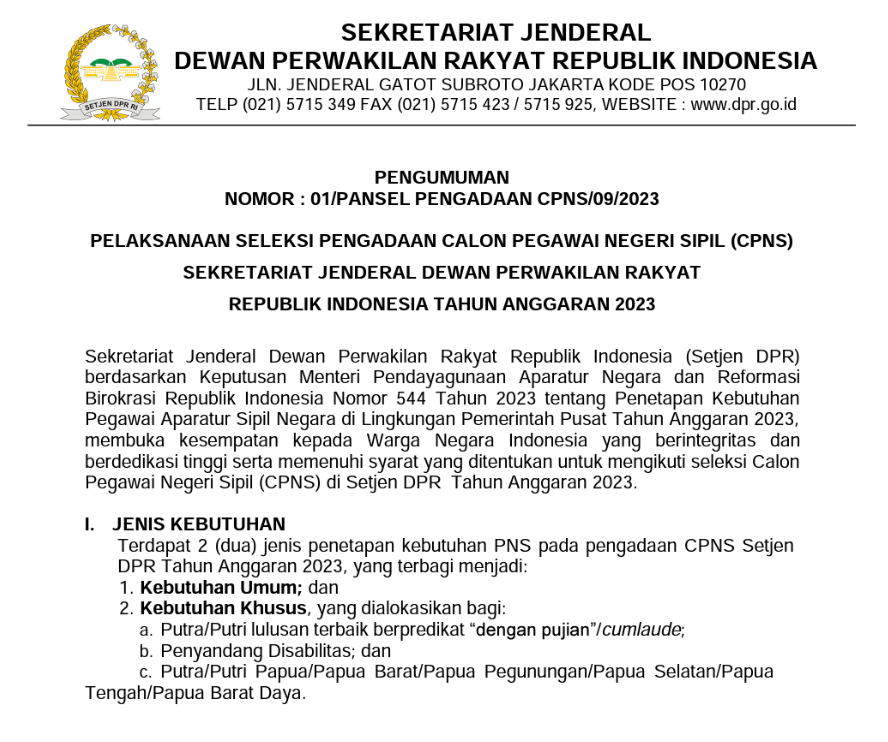 PDF Formasi CPNS DPR RI 2023, Cek 98 Kuota Lengkap Syaratnya! – jabarekspres.com