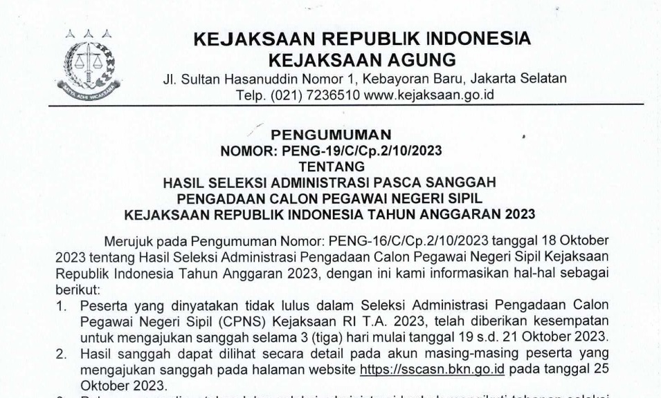 PDF Info Pengumuman Hasil Seleksi Administrasi Pasca Sanggah CPNS Kejaksaan 2023 – jabarekspres.com
