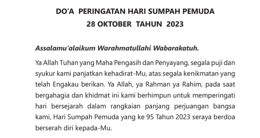 PDF Teks Pembacaan Doa Sumpah Pemuda 28 Oktober 2023 untuk Upacara ...
