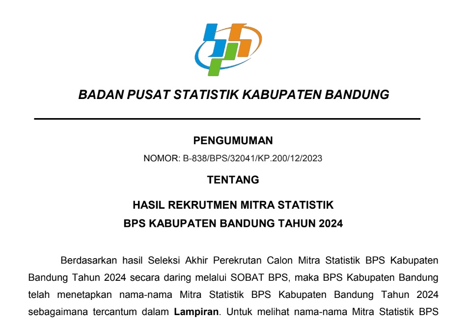 Nama Kamu Lulus? Ini PDF Hasil Akhir Mitra BPS 2024 Berbagai Daerah – jabarekspres.com