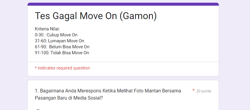 Link Tes Ujian Seberapa Gamon Lo dari Mantan via Google Form, Gratis ...