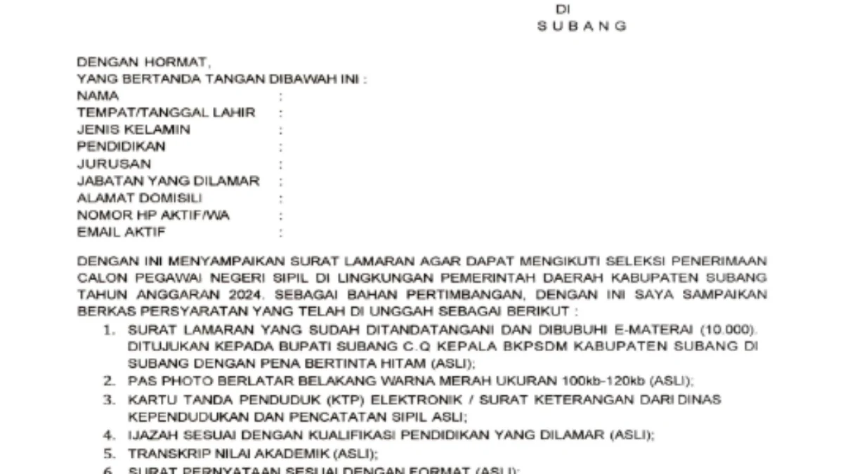 Contoh Surat Lamaran Resmi CPNS 2024 – jabarekspres.com