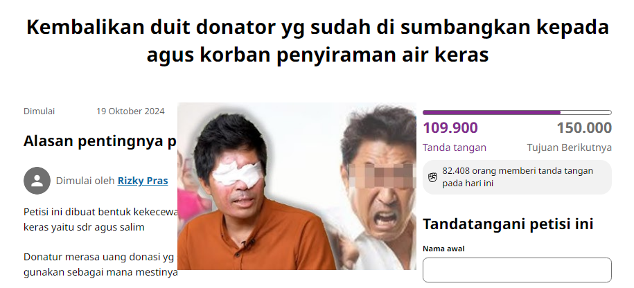 Ini Link Petisi Pengembalian Uang Donasi Agus Korban Siram Air Keras ...
