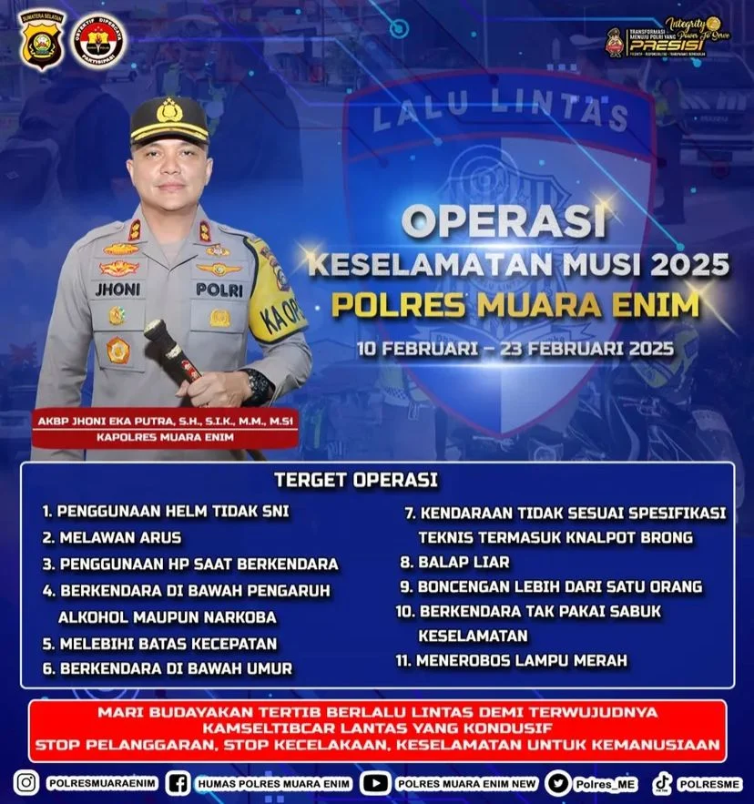 OPERASI KESELAMATAN MUSI 2025 di Wilayah Polda Sumatera Selatan, Ini Target Operasi & Jadwalnya ...