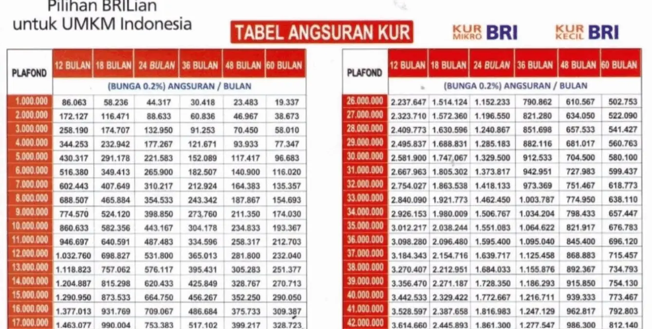 Tabel KUR BRI 2025 Super Mikro Pinjaman Rp 50 Juta dengan Cicilan ...