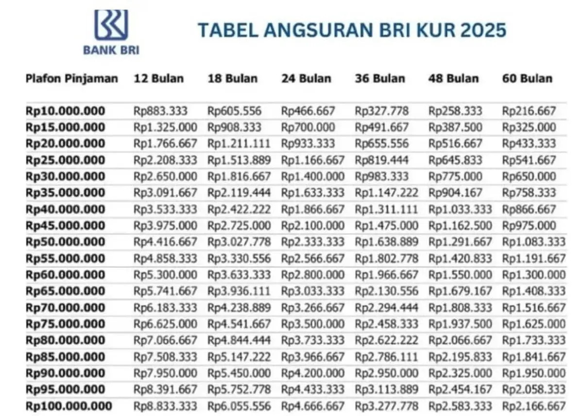 Simulasi Pinjaman KUR BRI 2025 Rp1-100 Juta Tenor 5 Tahun, Ini Cicilan ...