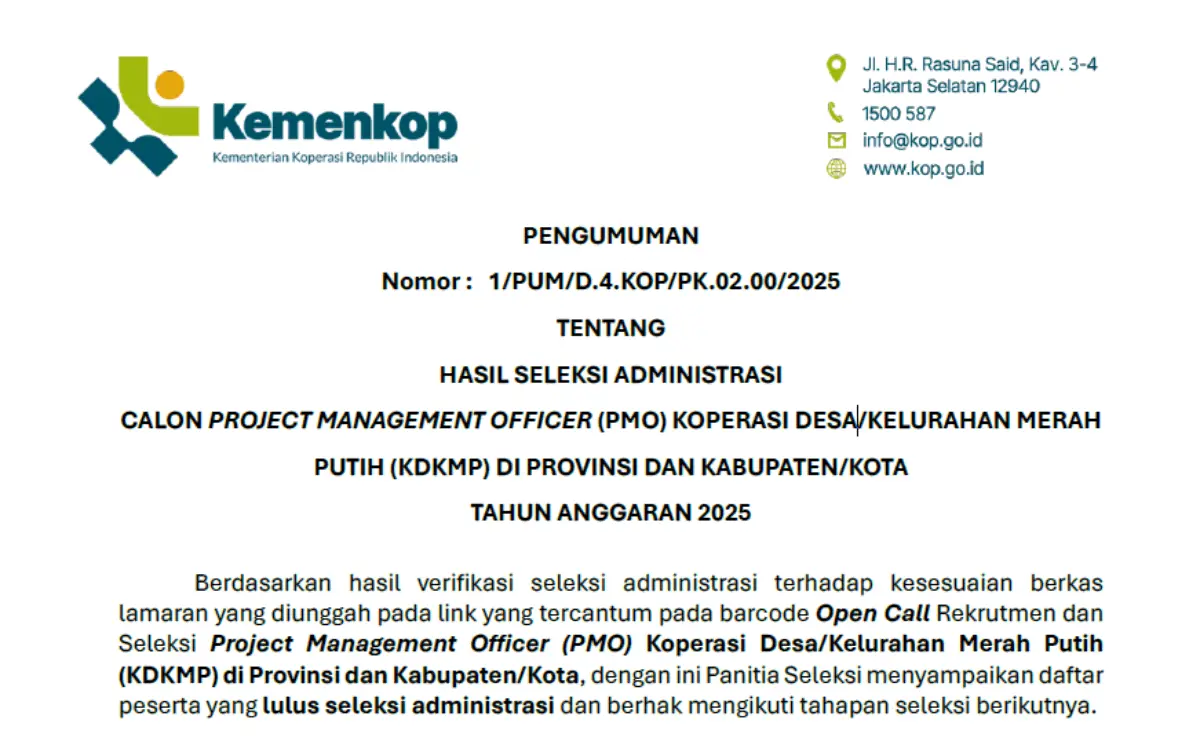 Link PDF Pengumuman Hasil Akhir PMO Kemenkop 2025, Download Gratis di ...