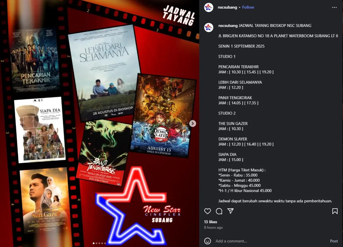 Jadwal Bioskop NSC Subang Terbaru: Film "Demon Slayer" Masih Tayang ...